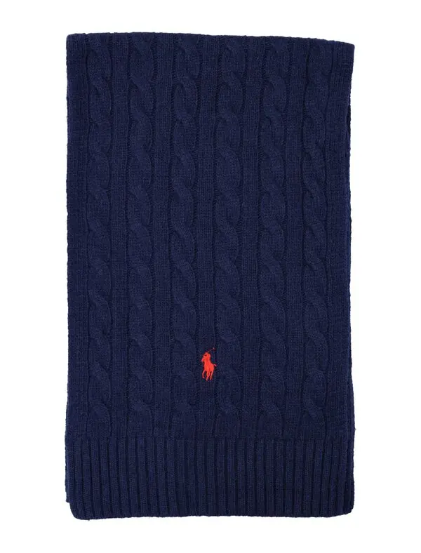 Polo Ralph Lauren Cable Knit Wool Blend Scarf With Embroidered Logo - Blu