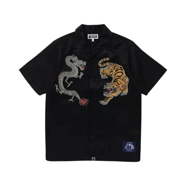 A BATHING APE Japanese Motif Relaxed Fit Short-sleeve Shirt - Black