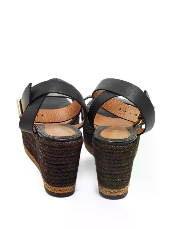 Fendi Leather Wedge Espadrilles With Ankle Strap And Gold-tone Hardware