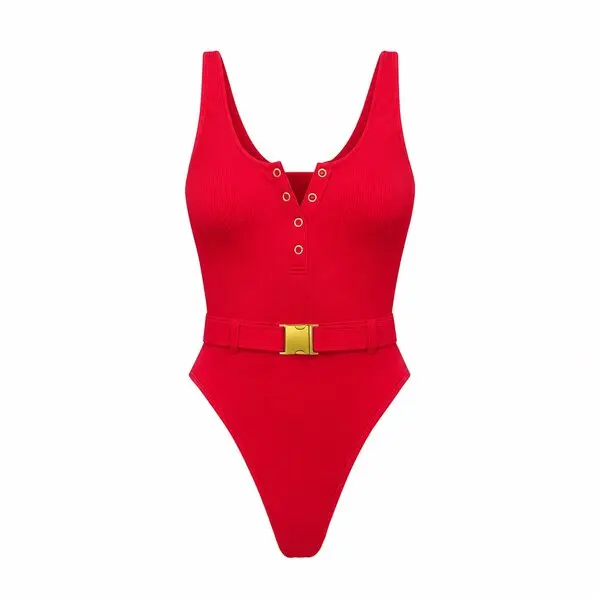 L’animal Panthère Rouge Ribbed One-piece Swimsuit With Waist Belt - Red
