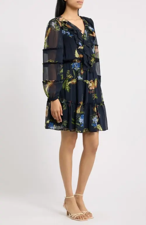 CECE DUPRAZ Floral Print Long Sleeve V-neck Tiered Dress