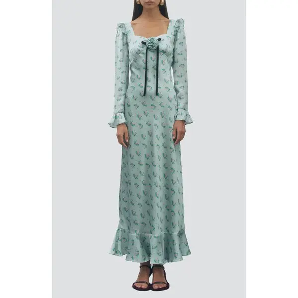 MAUDE CLUB Florence Floral Ruffled Long Sleeve Maxi Dress - Mint Multi