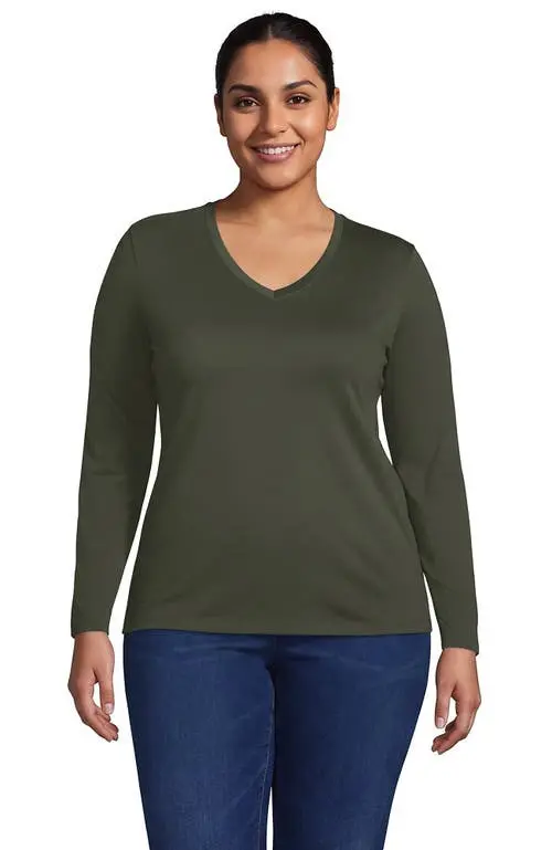 LANDS' END Supima Cotton Long Sleeve V-neck T-shirt - Forest Moss