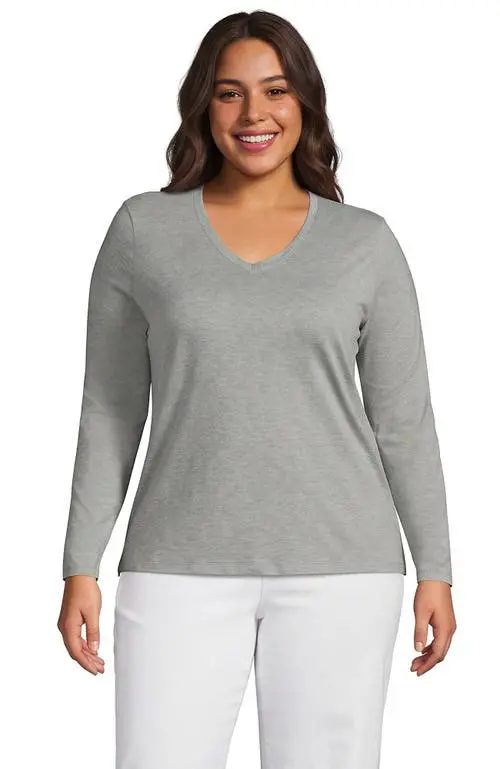 LANDS' END Supima Cotton Long Sleeve V-neck T-shirt - Gray Heather