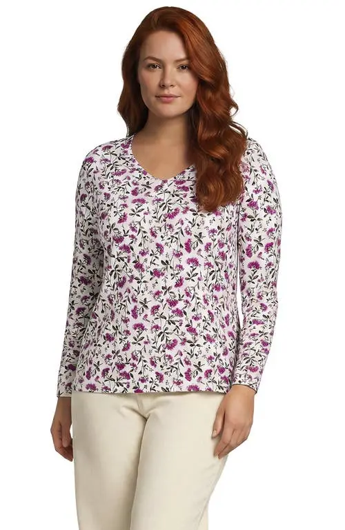 LANDS' END Supima Cotton Long Sleeve V-neck T-shirt - Ivory/pink Hydrangea
