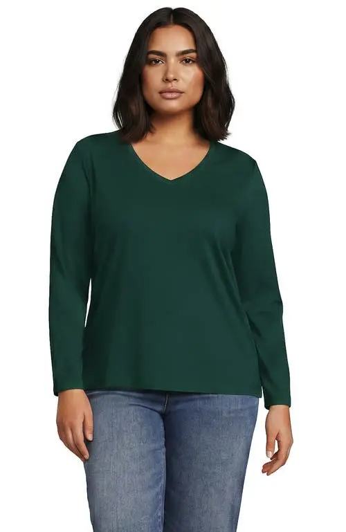 LANDS' END Supima Cotton Long Sleeve V-neck T-shirt - Pine