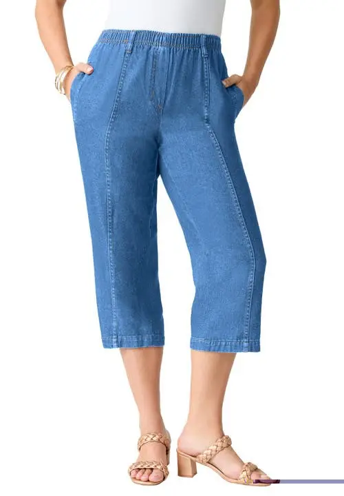 Roaman's Easy Wear Straight Leg Capri - Light Stonewash