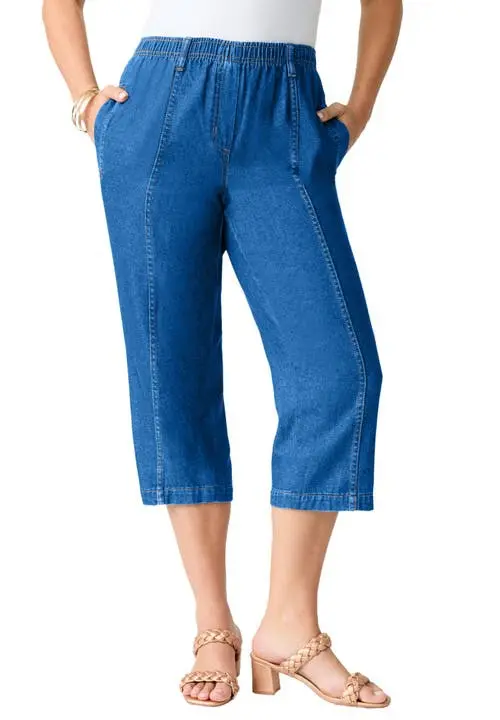 Roaman's Easy Wear Straight Leg Capri - Medium Wash