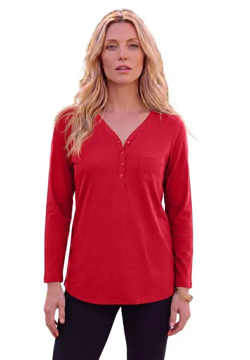 Roaman's Long Sleeve Sweetheart Henley Tee With Pocket - Classic Red