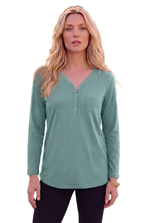 Roaman's Long Sleeve Sweetheart Henley Tee With Pocket - Cool Sage