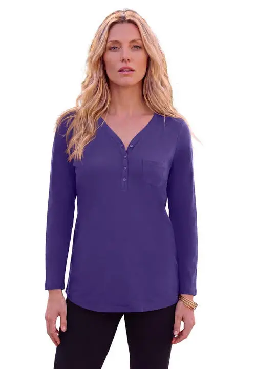 Roaman's Long Sleeve Sweetheart Henley Tee With Pocket - Midnight Violet