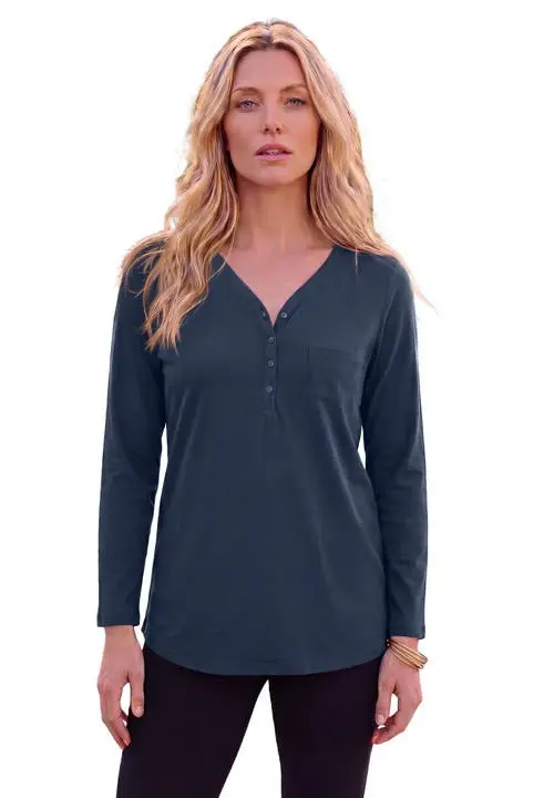 Roaman's Long Sleeve Sweetheart Henley Tee With Pocket - Navy