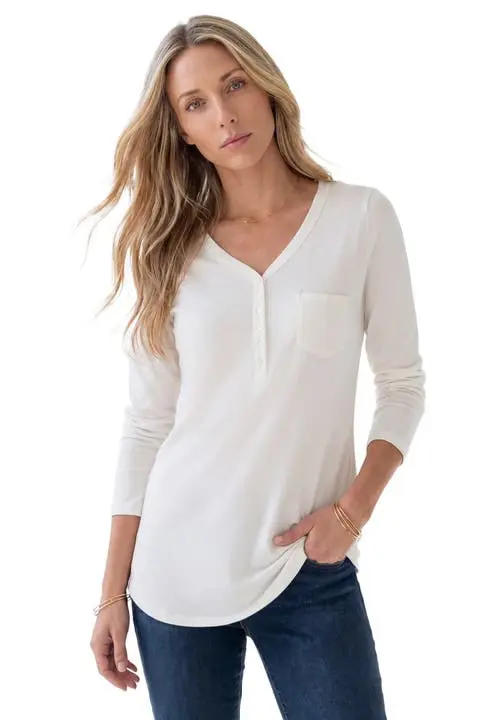 Roaman's Long Sleeve Sweetheart Henley Tee With Pocket - White
