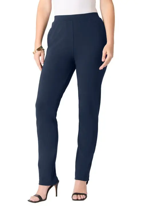Roaman's Ponte Straight Leg Pant With Pockets And Pull On Elastic Waist - Navy