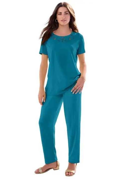 Roaman's Eyelet Cutout T-shirt - Deep Teal
