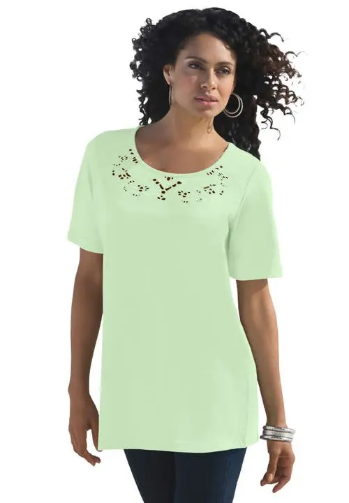 Roaman's Eyelet Cutout T-shirt - Green Mint