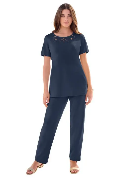 Roaman's Eyelet Cutout T-shirt - Navy