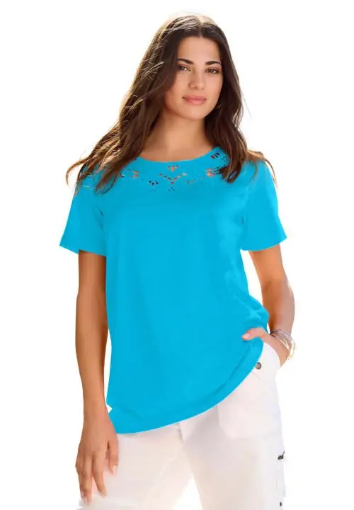 Roaman's Eyelet Cutout T-shirt - Ocean