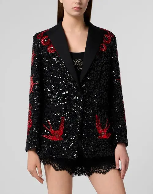 Philipp Plein Boyfriend's Fit Blazer Butterfly Tattoo Paillettes - Black