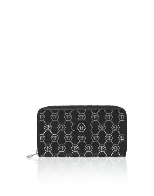 Philipp Plein Rounded Zip Wallet Monogram Strass - Black