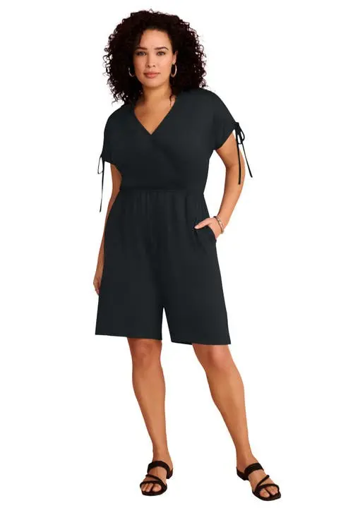 Roaman's Stretch Knit Faux Wrap Sleeve Romper - Black
