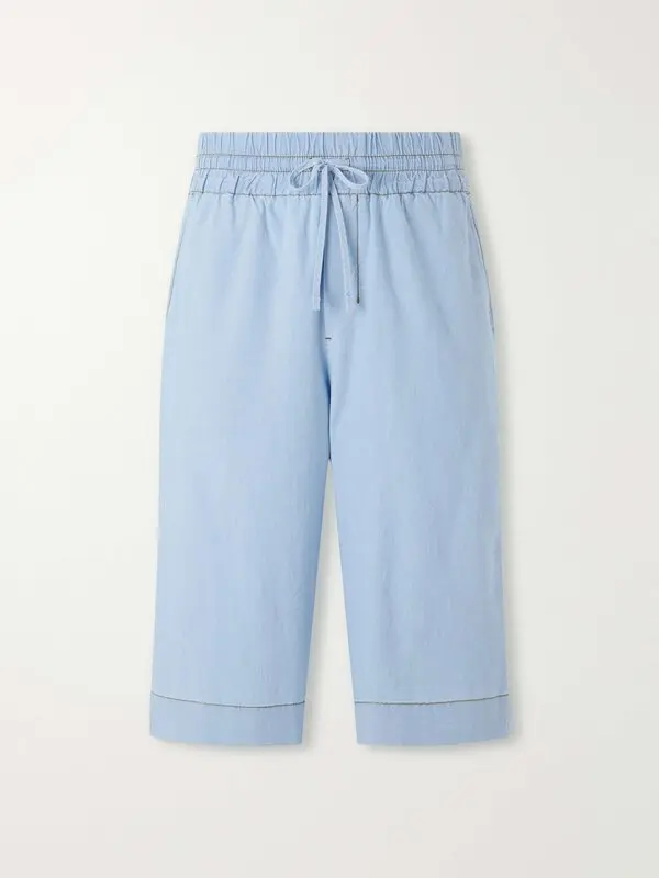 AMI Paris Straight-leg Logo-embroidred Cotton-chambray Shorts - Blue