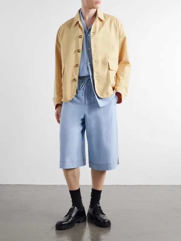 AMI Paris Straight-leg Logo-embroidred Cotton-chambray Shorts