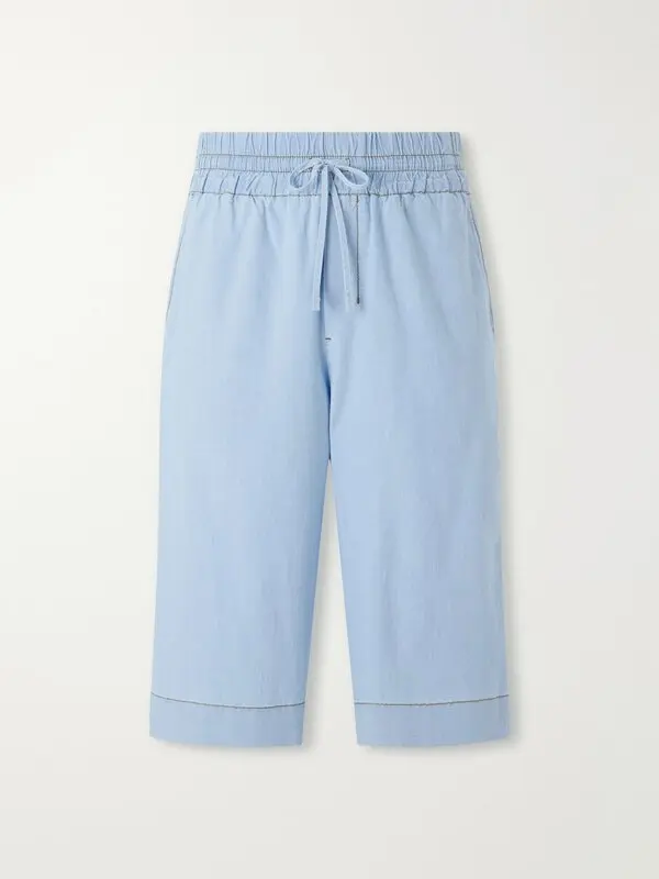 AMI Paris Straight-leg Logo-embroidered Cotton-chambray Shorts - Blue
