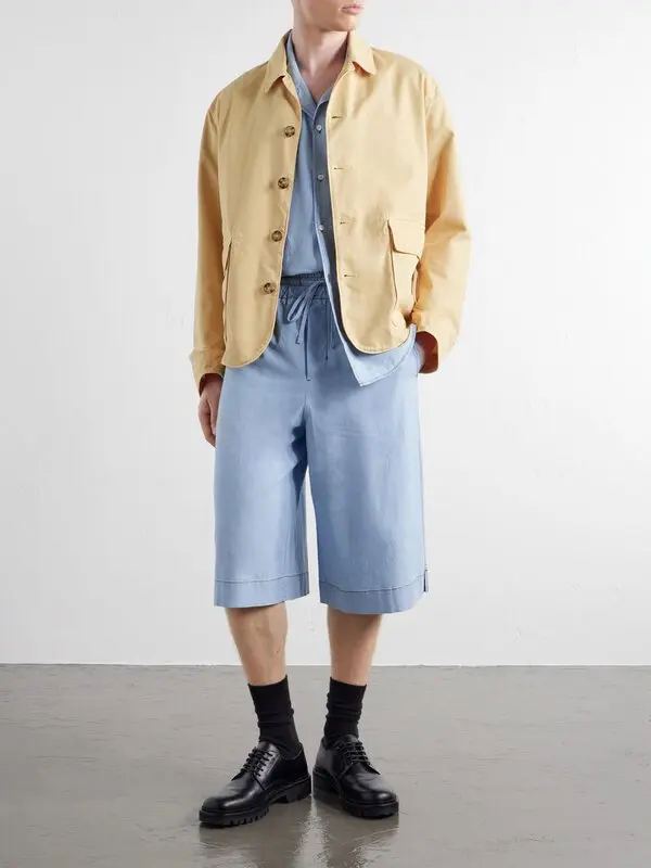 AMI Paris Straight-leg Logo-embroidered Cotton-chambray Shorts - Blue
