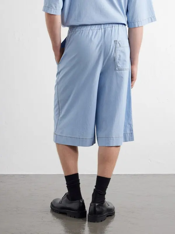AMI Paris Straight-leg Logo-embroidered Cotton-chambray Shorts - Blue