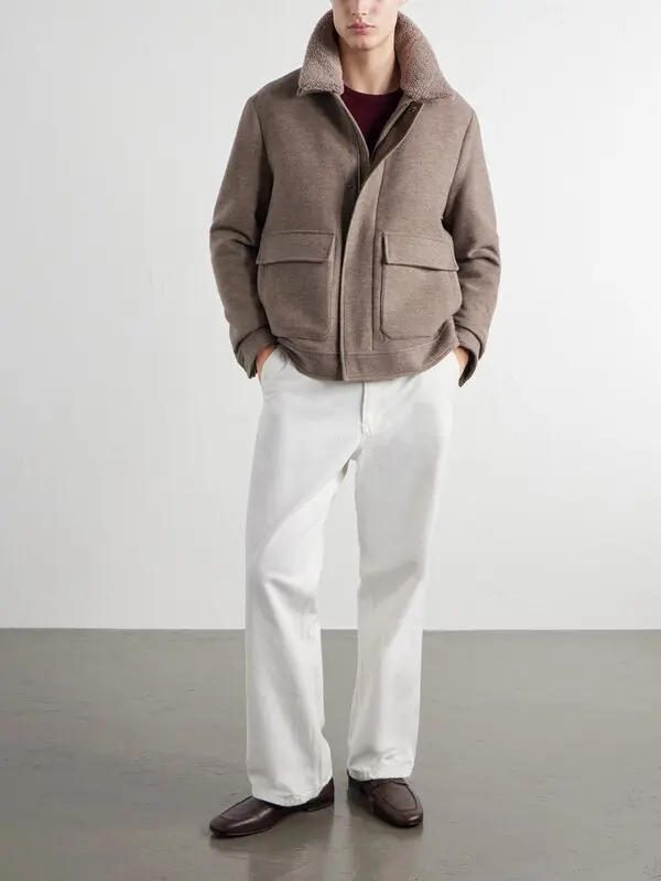 Canali Shearling-trimmed Wool And Cashmere-blend Bomber Jacket - Neutrals