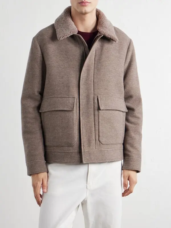 Canali Shearling-trimmed Wool And Cashmere-blend Bomber Jacket - Neutrals