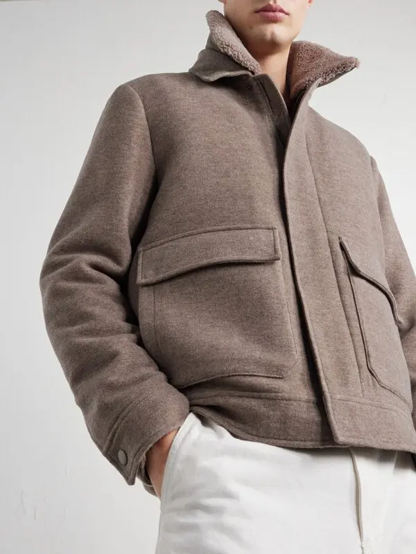 Canali Shearling-trimmed Wool And Cashmere-blend Bomber Jacket - Neutrals