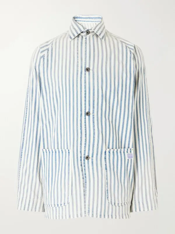Kapital Logo-appliquéd Striped Cotton-twill Overshirt - Blue