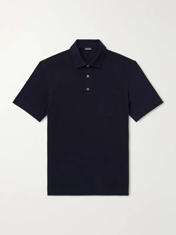 Zegna Leather-trimmed Cotton-piqué Polo Shirt - Navy