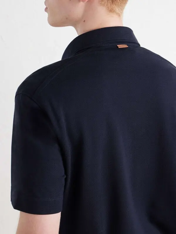 Zegna Leather-trimmed Cotton-piqué Polo Shirt - Navy