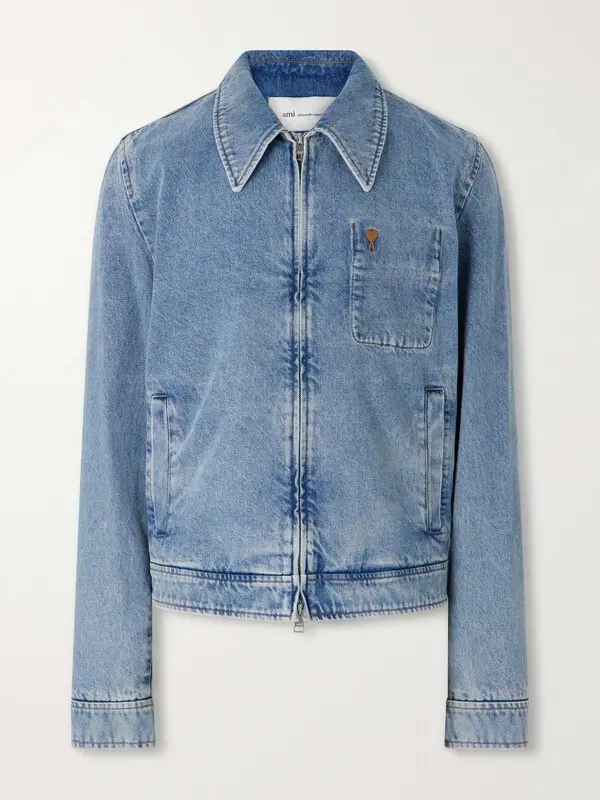 AMI Paris Washed Denim Jacket With Logo Embroidery