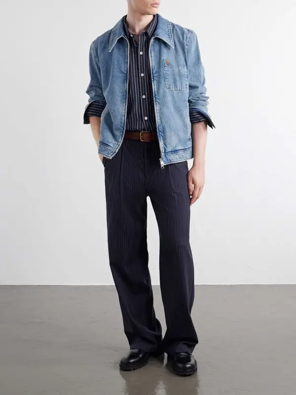 AMI Paris Washed Denim Jacket With Logo Embroidery