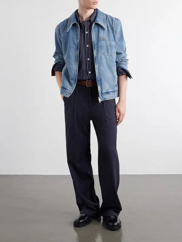 AMI Paris Washed Denim Jacket With Logo Embroidery