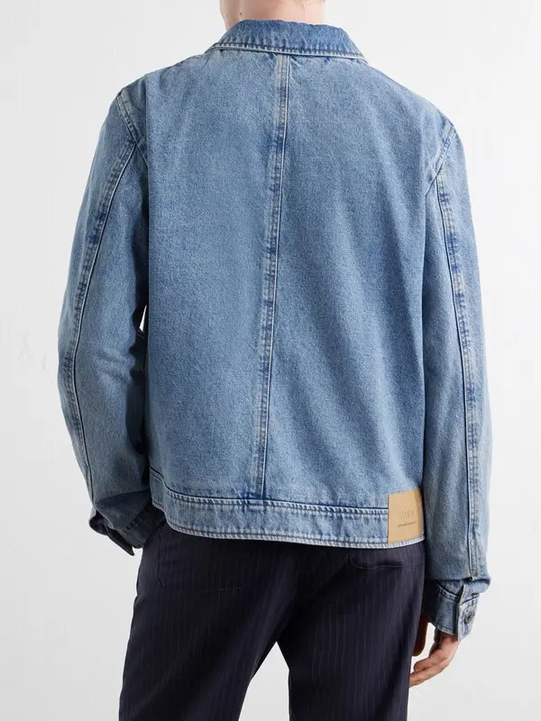 AMI Paris Washed Denim Jacket With Logo Embroidery