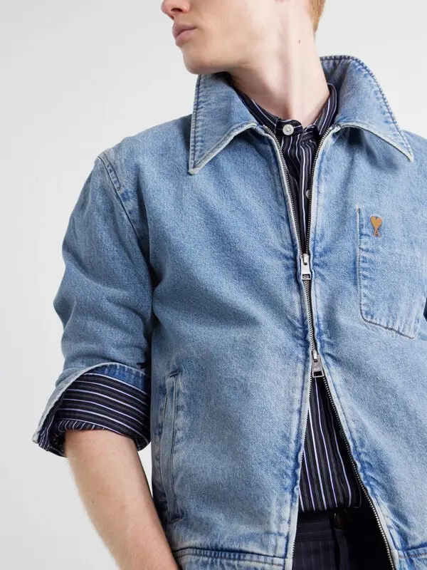 AMI Paris Washed Denim Jacket With Logo Embroidery