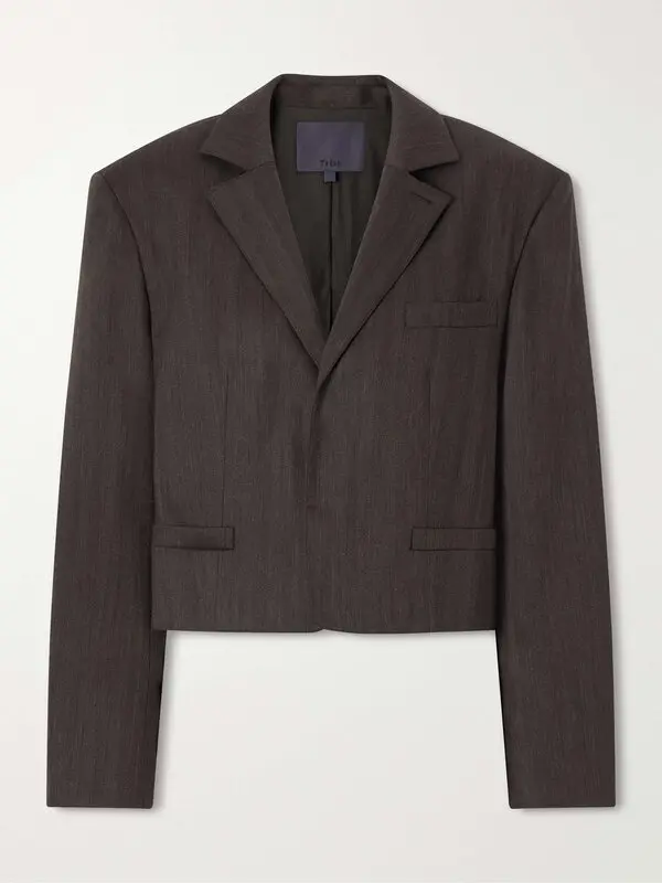 Tibi Wool-blend Herringbone Cropped Blazer - Brown