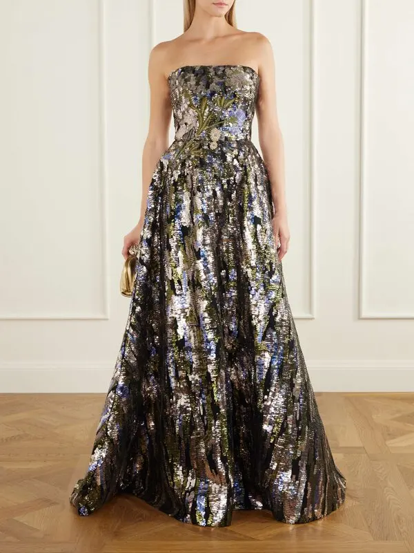 Elie Saab Strapless Embroidered Sequined Tulle Gown