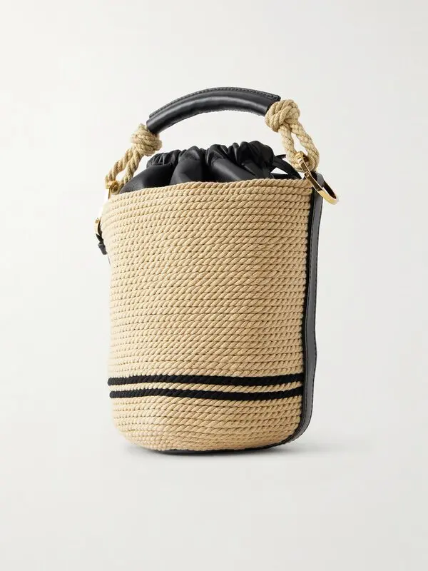 Chloé Logo Embroidered Raffia And Leather Bucket Bag - Neutrals