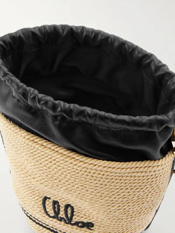 Chloé Logo Embroidered Raffia And Leather Bucket Bag - Neutrals
