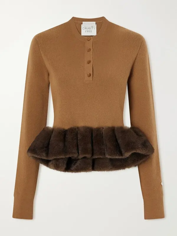 Stella McCartney Shearling-trimmed Wool-blend Cardigan - Brown