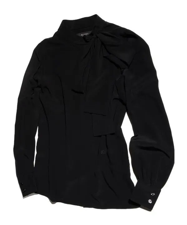 Gucci Embroidered Self-tie Bow Blouse - Black