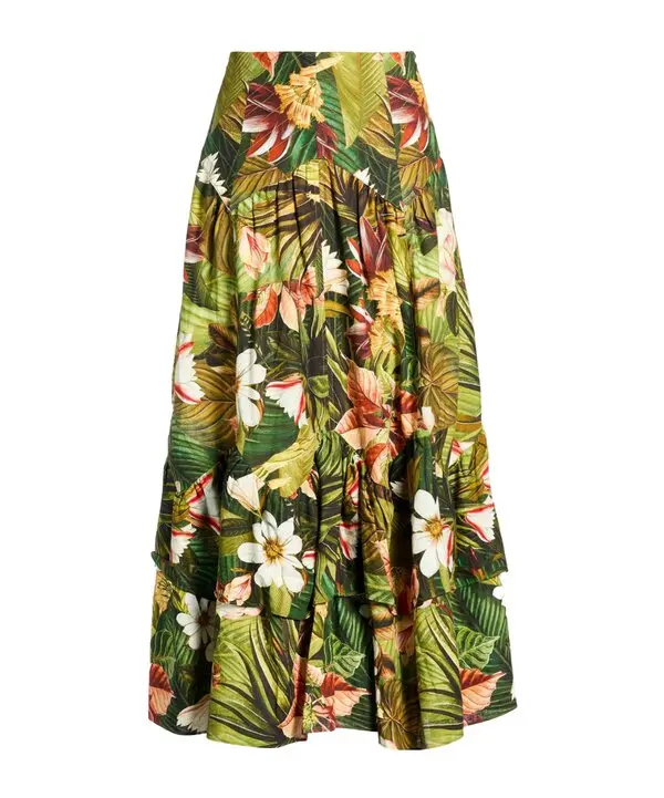 Farm Rio Floral Print Tiered Midi Skirt