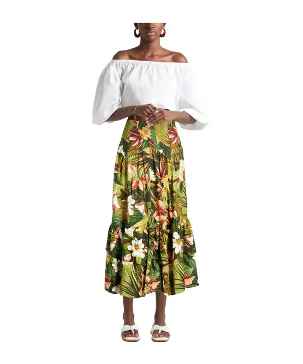 Farm Rio Floral Print Tiered Midi Skirt