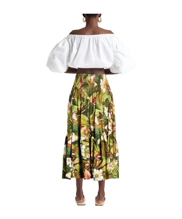 Farm Rio Floral Print Tiered Midi Skirt